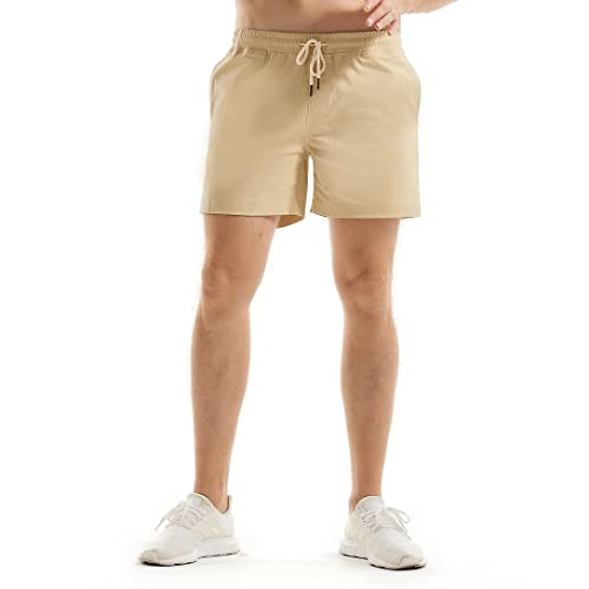 AIMPACT Men's 5 Inseam Cotton Casual Shorts Elastic Waistband with Multi-Pocket Daily Wear(Khaki XL)