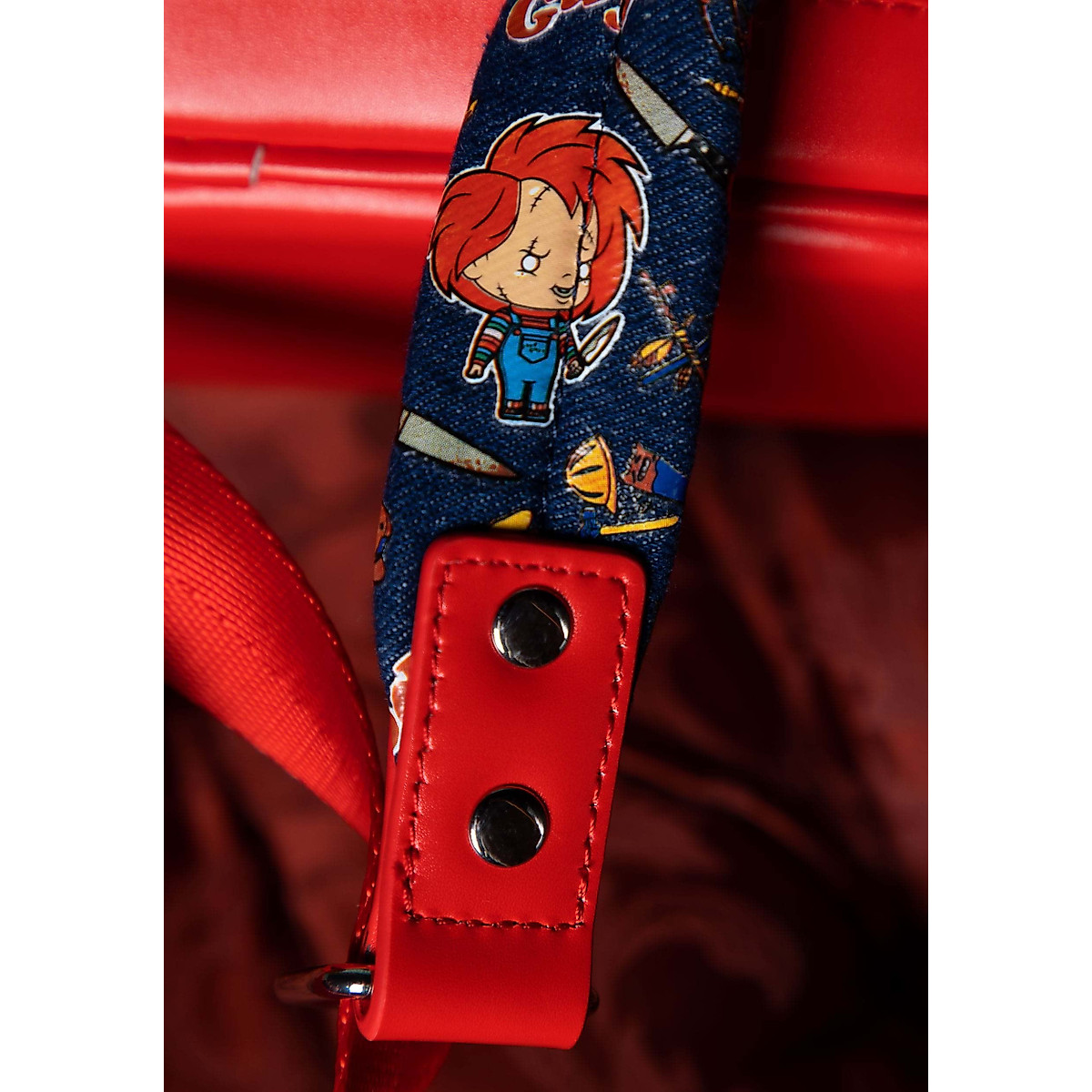 Child's Play Good Guy Chucky Doll Denim AOP Mini Backpack, Horror Fashion Bag Standard