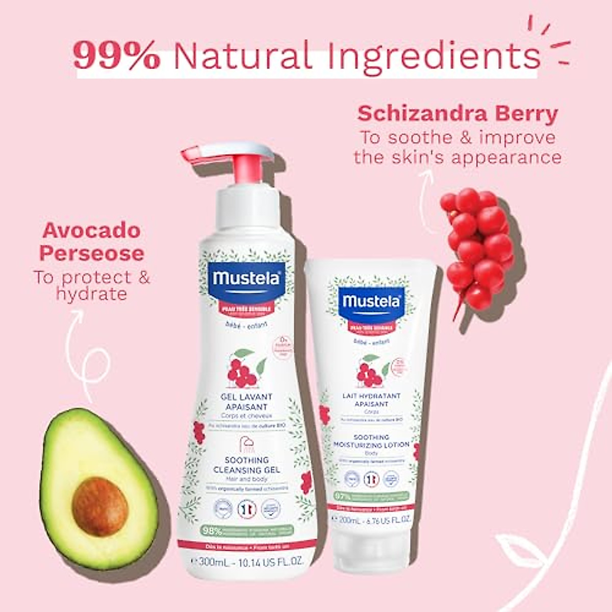 Mustela Baby Very Sensitive Skin Bath Time Gift Set - Baby Skin Care Essentials - with Natural Avocado & Schizandra Berry - 2 Items Set