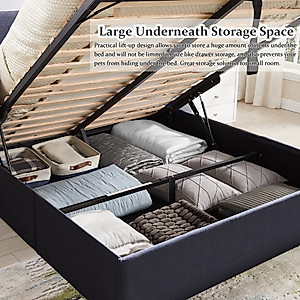 Zanmintaobo Queen Bed Frame with Storage, Upholstered Platform Bed with Lift up Hydraulic System, Linen Fabric Wingback Headboard, Wood Slats Support, Easy Assembly, No Box Spring Needed, Dark Grey