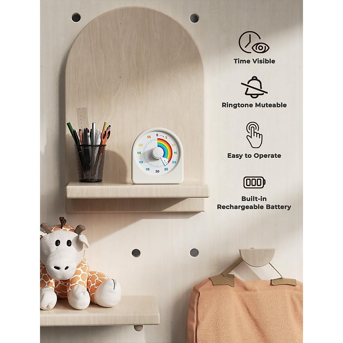 LIORQUE 60 Minute Visual Timer for Kids, Rechargeable Visual Countdown Timer Clock Kids Timer for Classroom, Desk Pomodoro Timer with 'Rainbow' Pattern Design and Magnetic Back