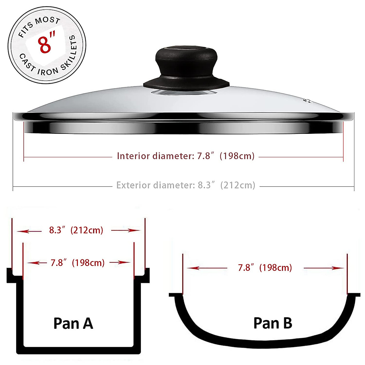 8 Inch Glass Lid for Frying Pan, Fry Pan, Skillet, Pan Lid Fits Lodge 8 Inch Cast Iron Skillets 8"/20cm, Clear
