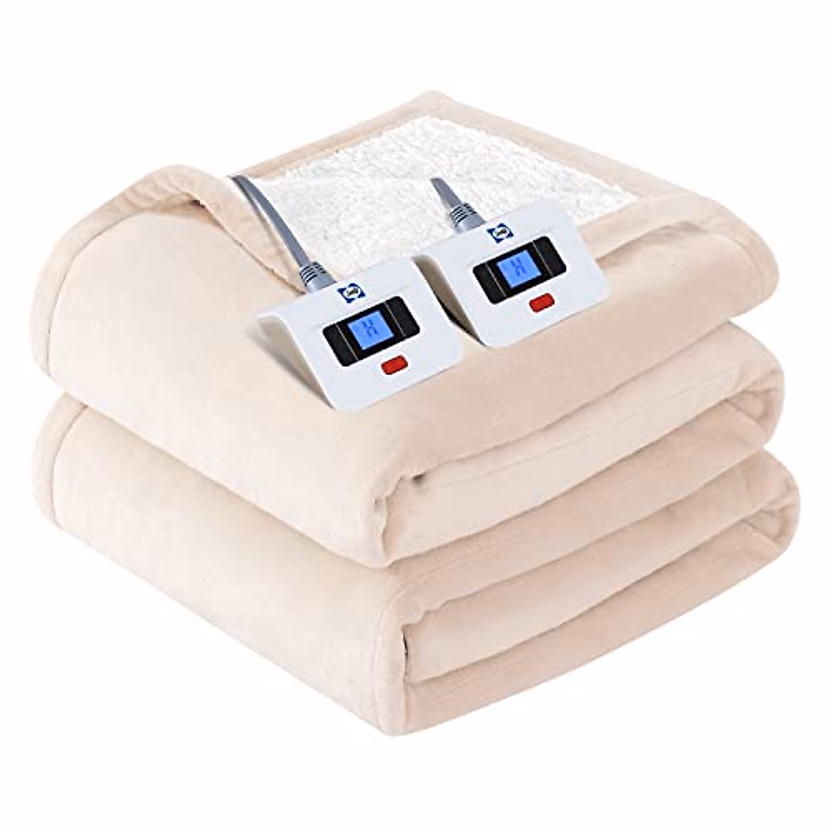 SEALY Electric Blanket Queen Size, Flannel & Sherpa Heated Blanket with 10 Heat Setting & 1-12 Hour Auto Shut Off, Fast Heating Blanket, Machine Washable, Beige, 84 x 90 Inch