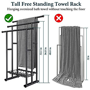Kayfia 40" H Free Standing Towel Rack, 3 Tier Alloy Steel Towel Rack Stand with Basket, Blanket Drying and Display Rack for Oversized Bath Towels Bathroom Accessories, Next to Tub or Shower (Black)