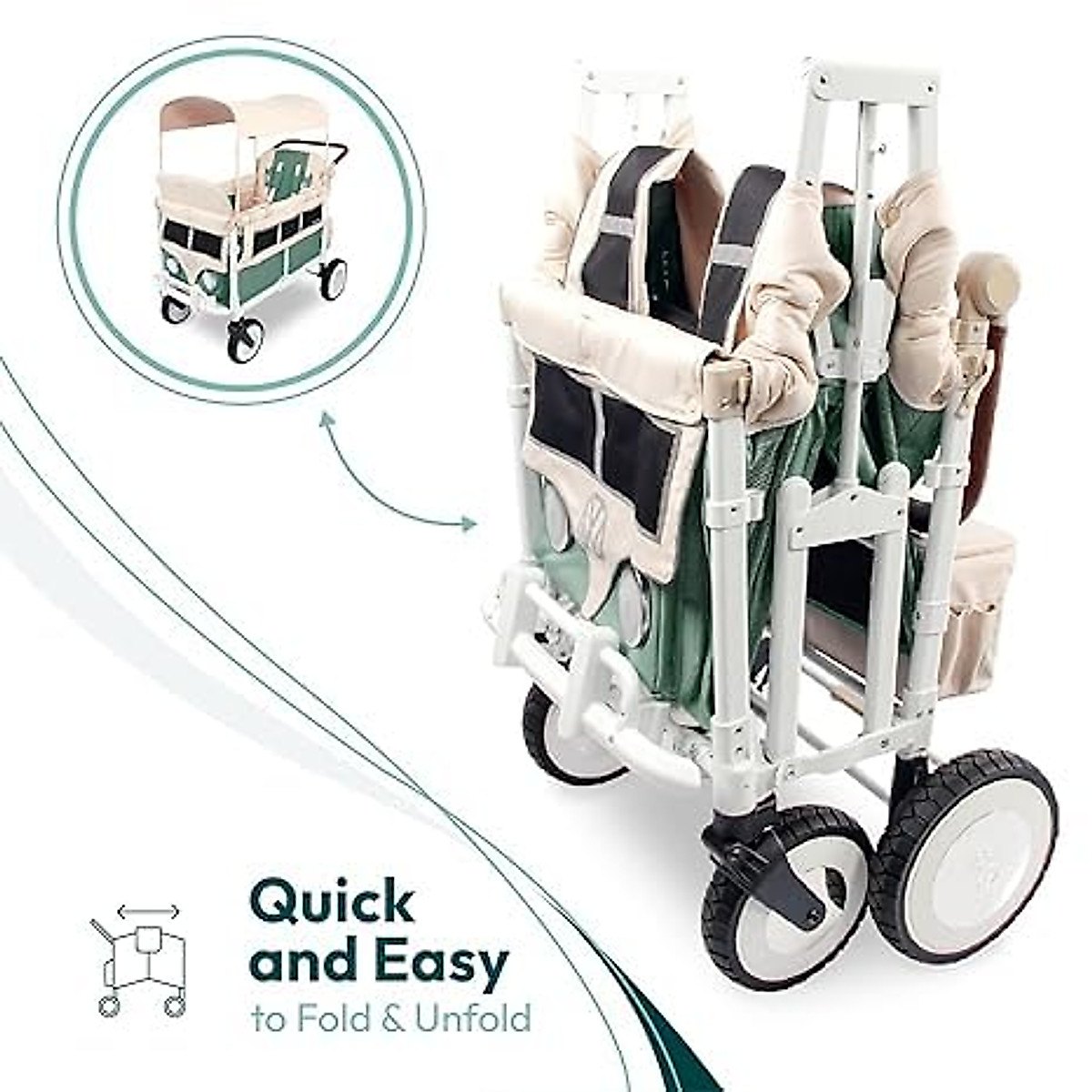 WONDERFOLD Volkswagen Stroller Wagon (4 Seater) - Collapsible Wagon Stroller with VW Bumper, Functioning Headlights, and All-Terrain XL Wheels