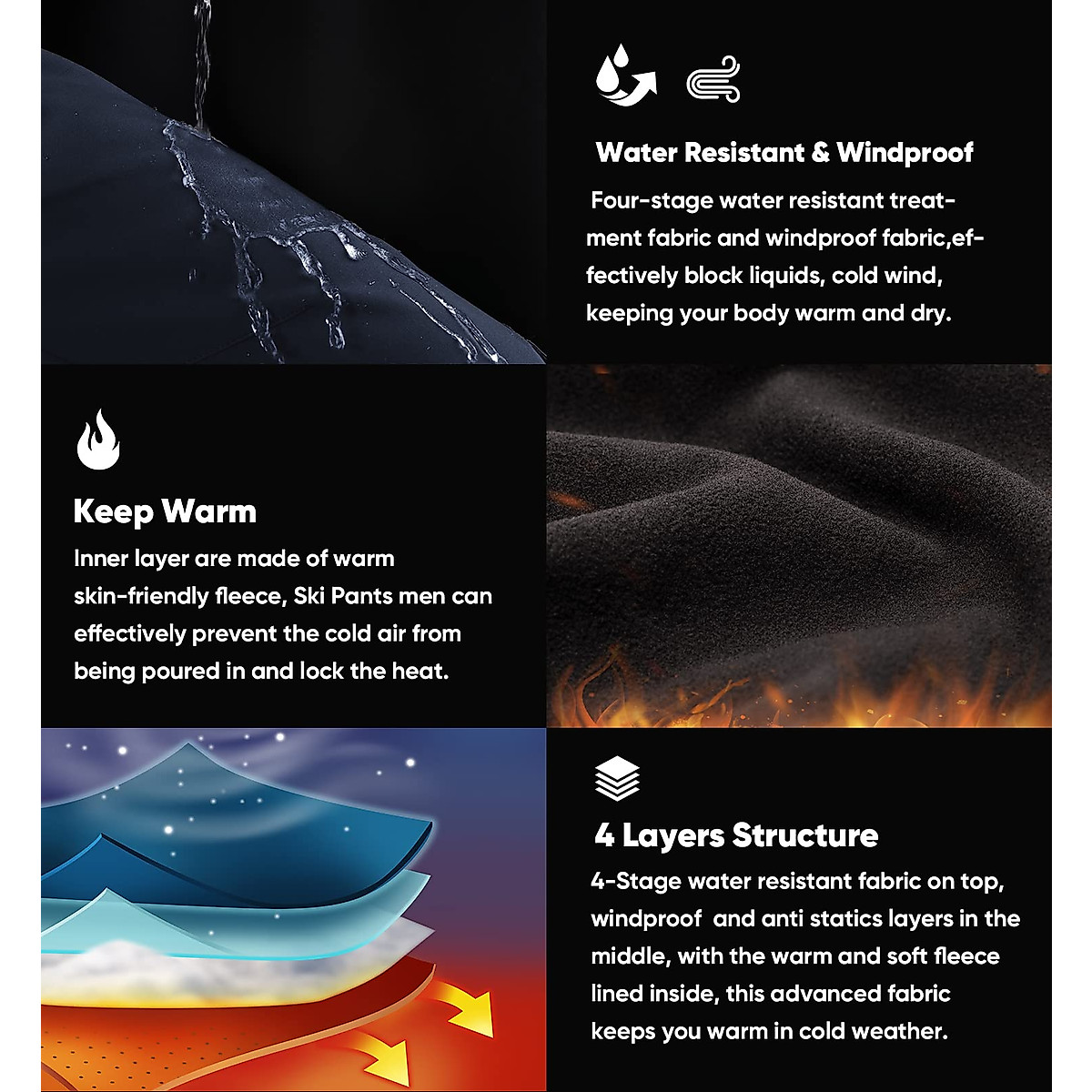 Cycorld Men's-Ski-Hiking-Pants, Water Resistance Windproof Fleece-Lined Winter Pant Snow-Snowboard-Insulated-Pants(Black, Large)