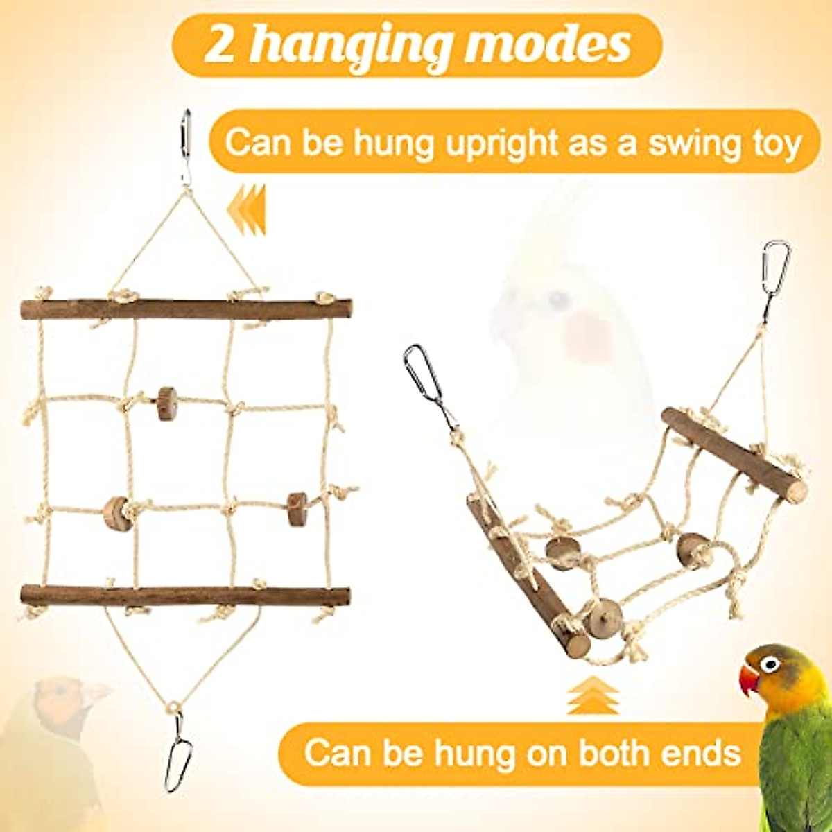 Bird Rope Perch, Natural Wooden Bird Rope Climbing Net Toys, Durable Hanging Bird Parrot Toy for Parakeet Cockatoos Cockatiel Lovebirds and Amazon Parrot