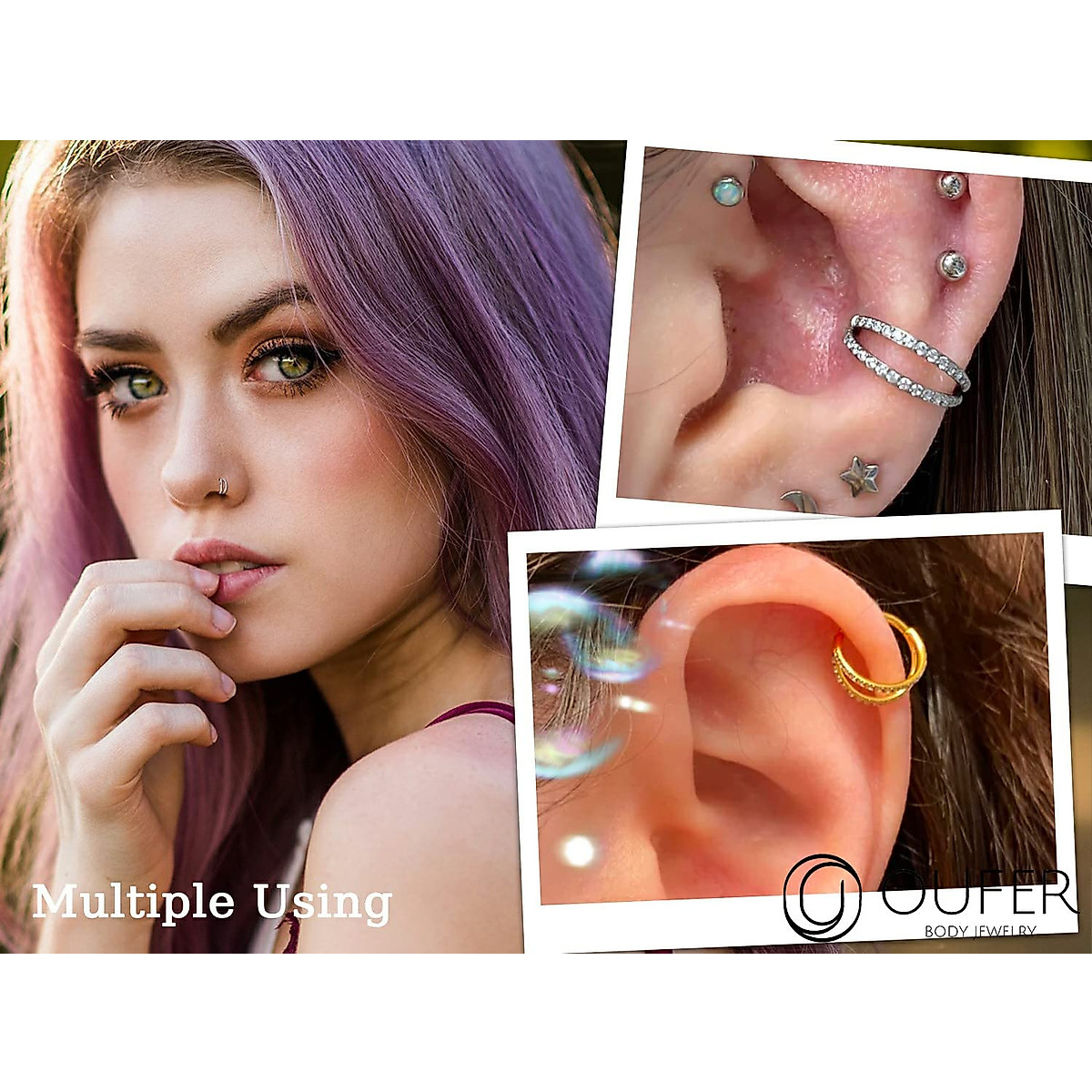 OUFER Nose Rings Hoops, 20G G23 Solid Titanium Nose Piercings, Double Row Diamonds Hoop Nose Ring, Double Nose Ring for Single Piercing, Conch Helix Daith Lip Piercing Jewelry-Silver 8MM