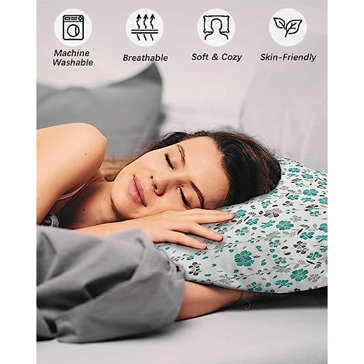 Edwiinsa Weeping Flowers Pillow Covers Standard Size Set of 2 20x26 Bed Pillow, Teal Grey Summer Spring Floral Botanical Art Plush Soft Comfort for Hair/Skin Cooling Pillowcases with Envelop Closure