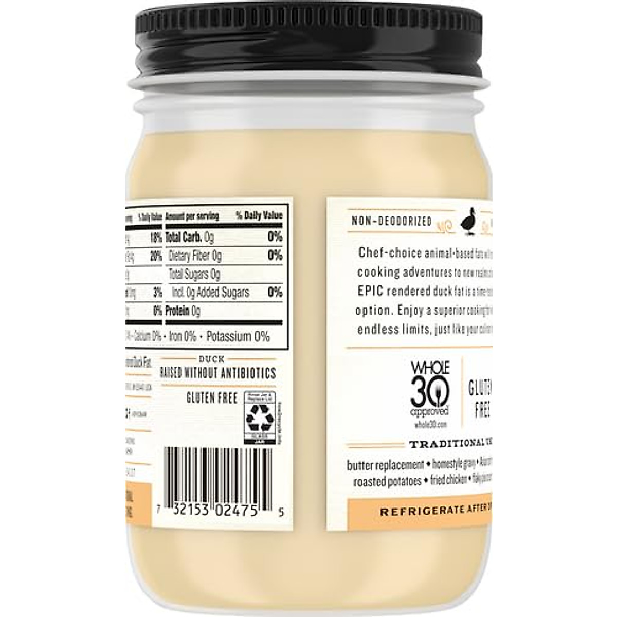 EPIC Rendered Duck Fat, Keto Friendly, Gluten Free, 11 oz Jar