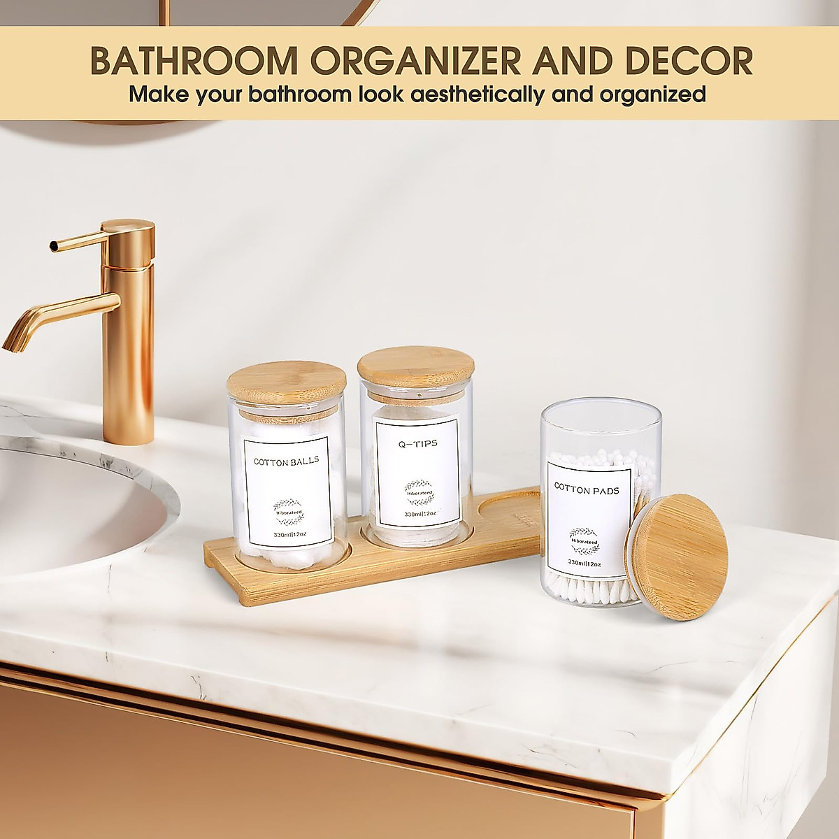 3 Pack Glass Qtip Holder for Bathroom with Bamboo Lids and Tray, 12oz Bathroom Organizers and Storage Accessories Home Decor, Apothecary Jars Qtip Dispenser for Cotton Swab, Cotton Ball and Floss