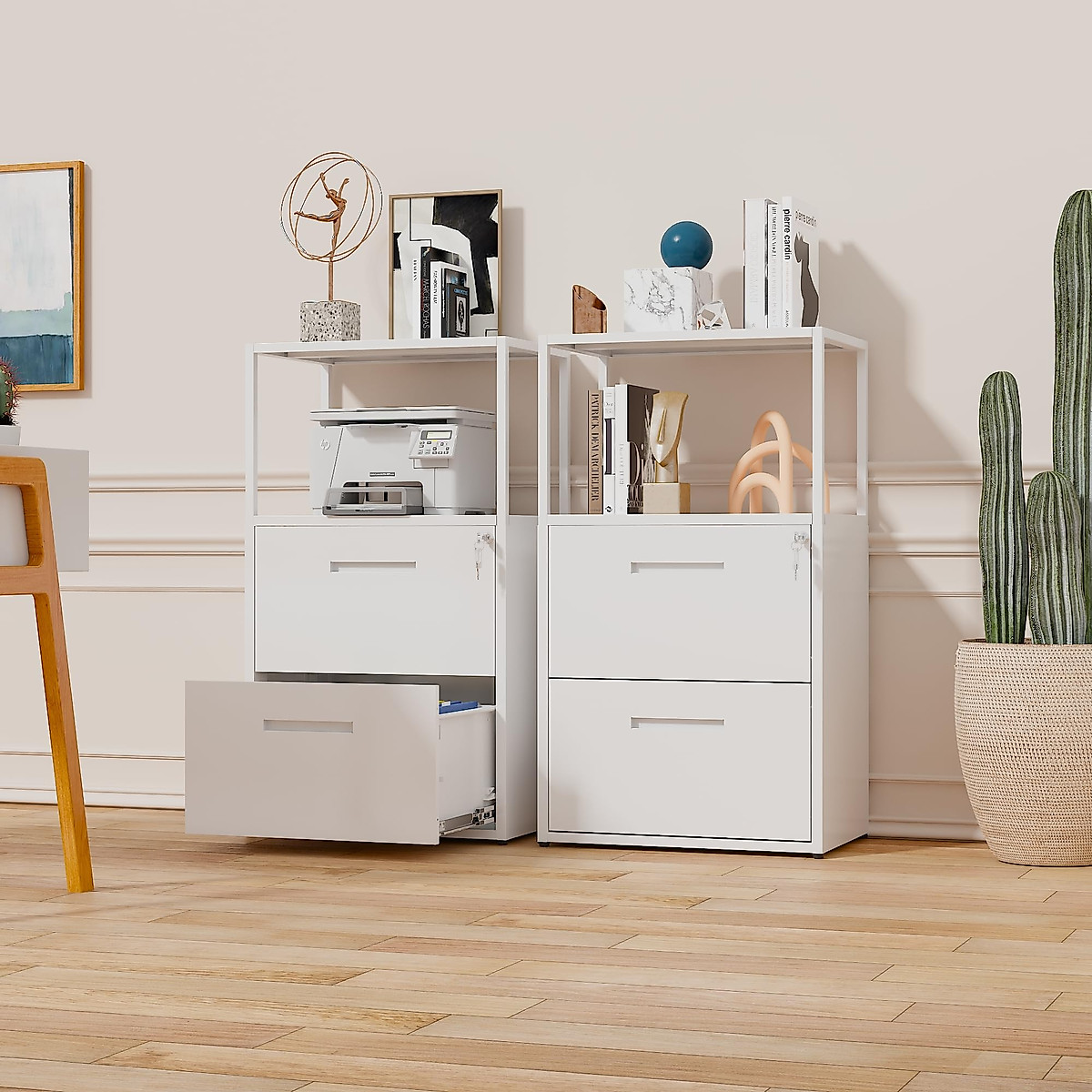 Fesbos File Cabinet with Shelves & 2 Lockable Drawers - Home Office Lockable Lateral Filing Cabinet for Hanging Files Letter/Legal/F4/A4 Size - Assembly Required