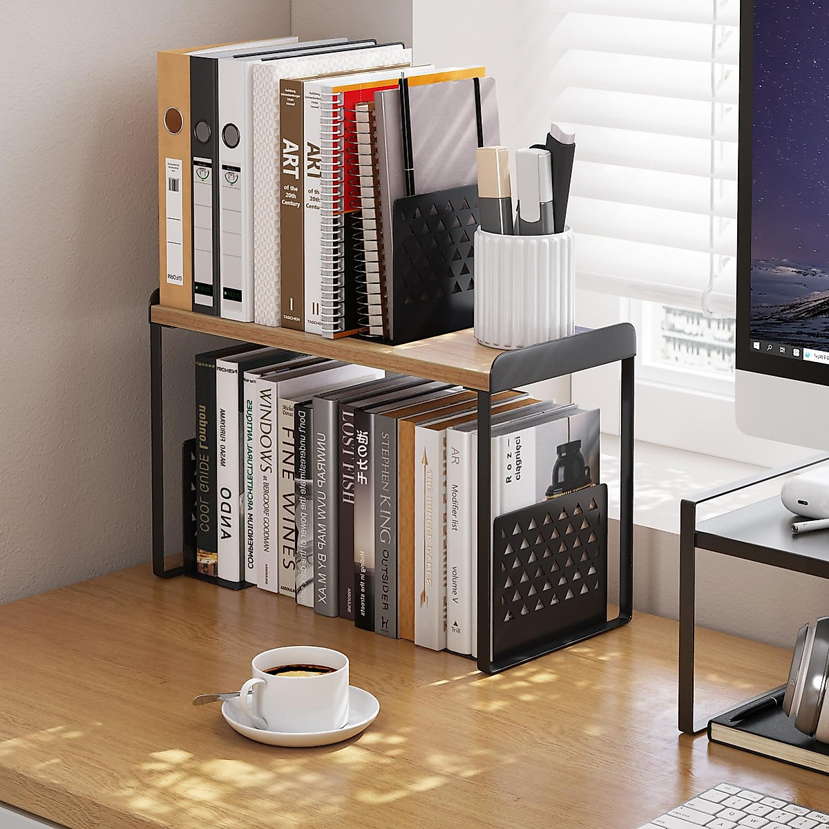 Mitus Shelf Organizer and Storage, Tiered Wood Cabinet Rack for The Kitchen Counter, Bathroom Counter, Pantry Cupboard, Office Desk Bookshelf, 12" Wide Natural and Black