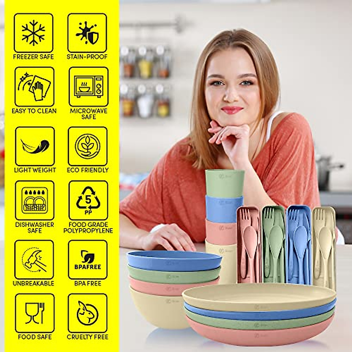 28pcs Wheat Straw Dinnerware Sets of 4. Premium Quality Plates, Bowls, Cups & Cutlery w/Case. Microwave & Dishwasher Safe! Great Indoor & Outdoor Kitchen Set. Plates and Bowls Set for Kids & Elderly