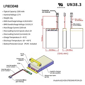 EEMB Lithium Polymer Battery 3.7V 1200mah 803048 Lipo Rechargeable Battery Pack with Wire JST Connector for Speaker and Wireless Device- Confirm Device & Connector Polarity Before Purchase