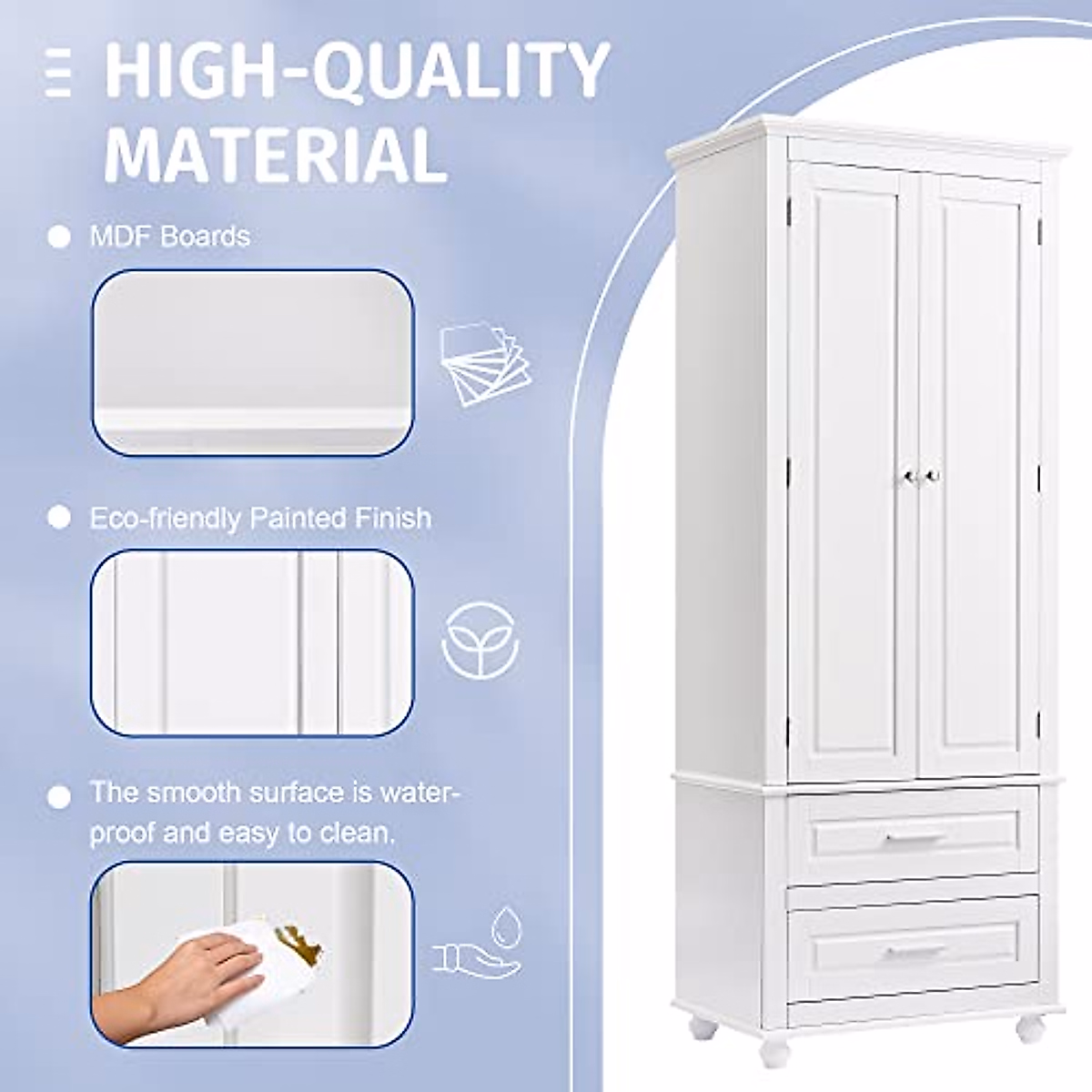 Tall Storage Cabinet with 2 Drawers and Double Door for Bathroom/Office, White Freestanding Kitchen Pantry Cabinet, Bathroom Cupboard w/Adjustable Shelf, Floor Cabinet Bookcase with Door (White-ty1)