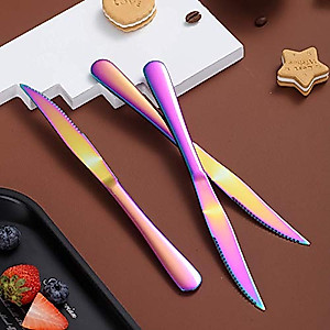 Rainbow Steak Knife Set, Kyrtaon Colorful Serrated Knife, Titanium Mutil-color Plating Stainless Steel Sharp Knives Set, Dinner Knifes Set of 4, Dishwasher Safe Sturdy And Easy To Clean