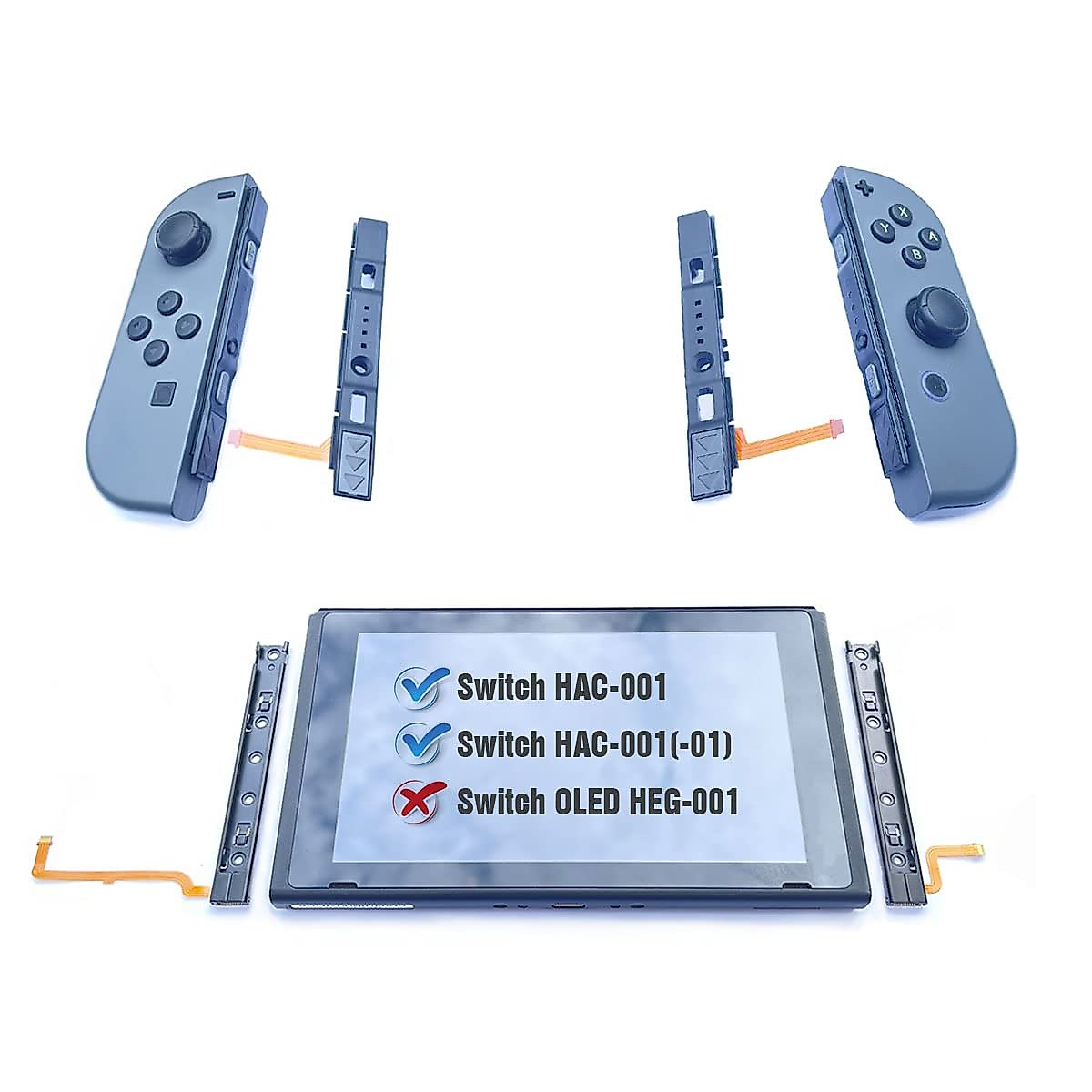 ElecGear Slide Rail Replacement for Nintendo Switch and Joy Con Controller, Left and Right Metal Track for Console and Plastic Slider Bar for Joy-con with Flex Cable Connector Repair Part Assembly