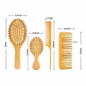 MoyRetty Bamboo Hair Brush Comb Set - Natural Wooden Hairbrush Paddle Detangling for Thick Thin Curly Straight Wavy Dry Fine Hair, Men Women and Kids, Static-Free(4 Pcs) Yellow