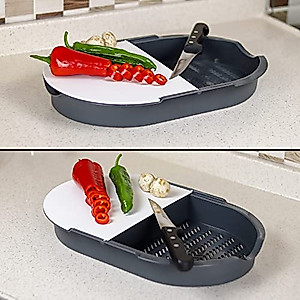 DecoBella 2-Chamber Cutting Board, Chopping Board with Food Container and Optional Strainer, Multi-Purpose Cutting Board, Countertop Easy Food Washer Strainer, Sink Cutting Board (WHITE/GRAY)