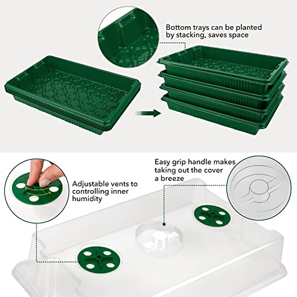 YAUNGEL Seed Starting Trays, XL Thicken Seed Starter Tray Kit with Humidity Dome Durable Growing Trays for Greenhouse & Gardens, 4 Pack 160 Cells, Green