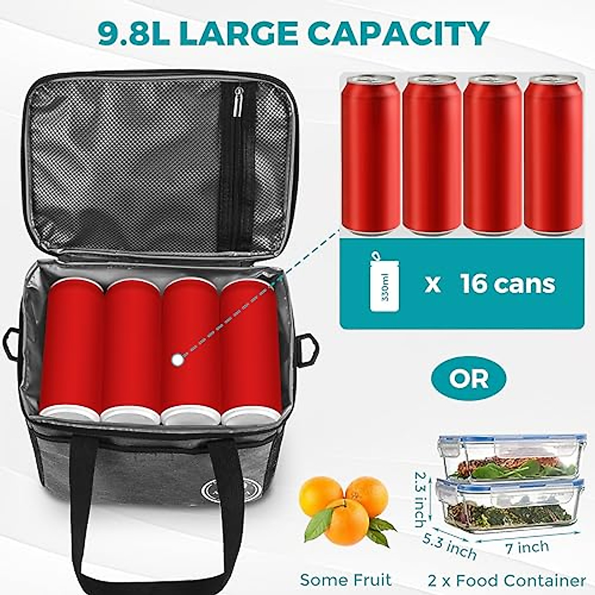 9.8L 16Cans Insulated Lunch Bag for Men Women, Reusable Insulated Lunch Box for Adult Men Women, Leakproof Cooler Bag Mens Lunchbox for Adults Work Office Picnic Beach with Shoulder Strap, Grey