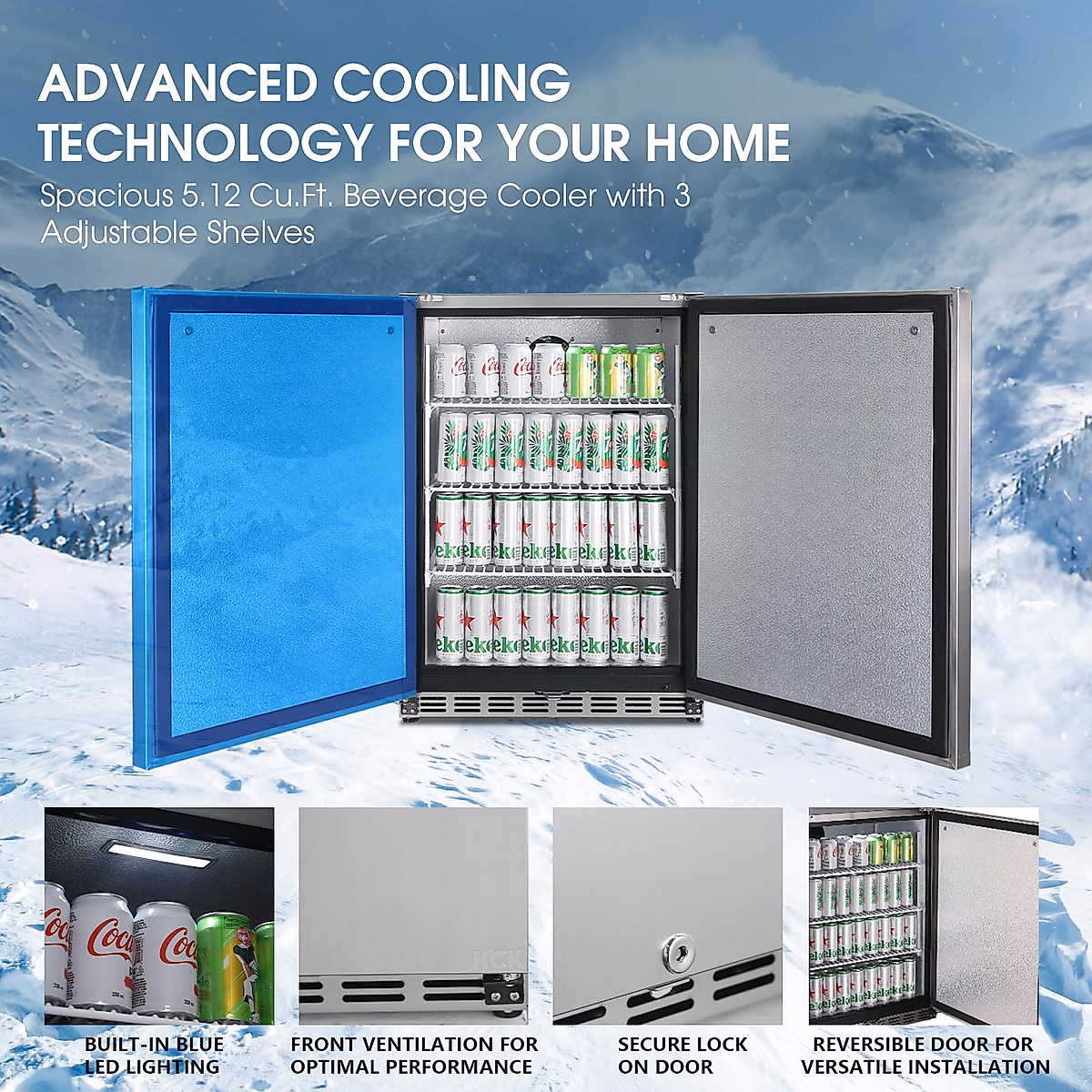 HCK 24 Inch Outdoor Refrigerator, Undercounter Refrigerators with Stainless Steel Door, 161 Can Beverage Fridge for Home Bar, Kitchen, Patio, Outdoor, and Commercial Use - 5.12 Cu.Ft