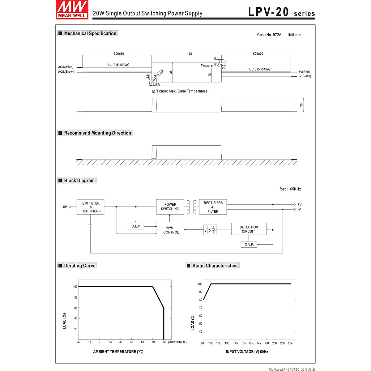 MW Mean Well LPV-20-12 12V 1.67A 20W Single Output LED Switching Power Supply