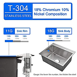 ROVOGO 24 x 18 inches Drop-in Kitchen Sink Single Bowl with 2 Holes, 304 Stainless Steel Handmade Residential Sink Brushed