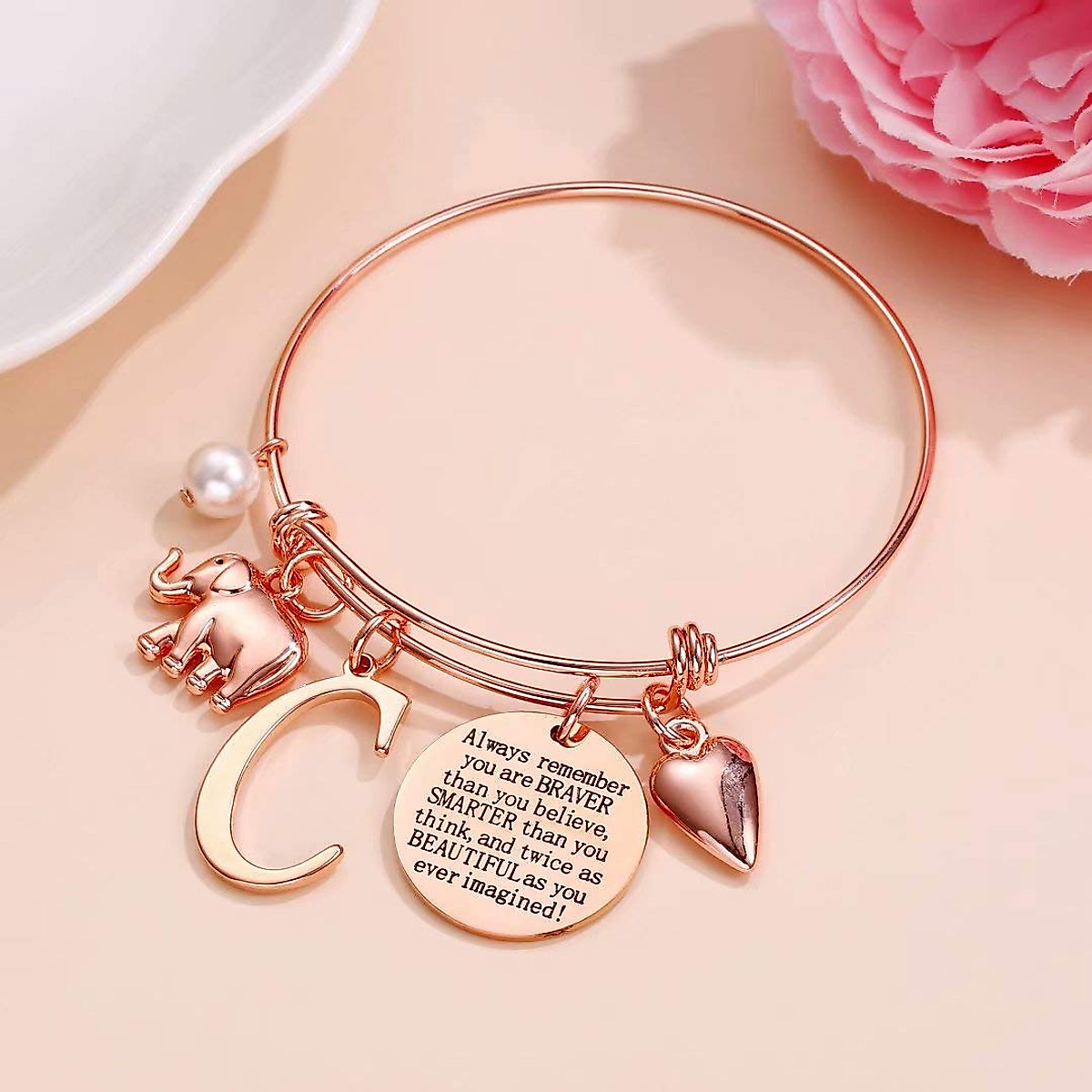 M MOOHAM Elephant Gifts for Women, Letter C Initial Elephant Bracelets for Women Elephant Jewelry, You are Braver than You Believe Inspirational Bracelet Thinking of You Gifts for Women Friends