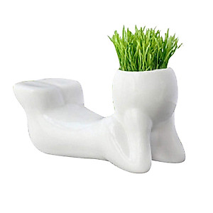 Lincox Mini Bonsai Head Grass Doll Hair White Ceramic Plant Garden, Tree Doll Grass Pot, Ceramic Air Head People Planters Air Plant Holders Table Top Display Planters for Mini Plants Garden Decor (C)