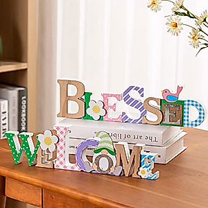 hogardeck Spring Decorations for Home, 2 Pcs WELCOME BLESSED Wood Sign Spring Decor, Rustic Gnome Flower Bird Wooden Block Set Table Centerpiece Farmhouse Ornaments for Mantle Tabletop Tiered Tray Home Decor