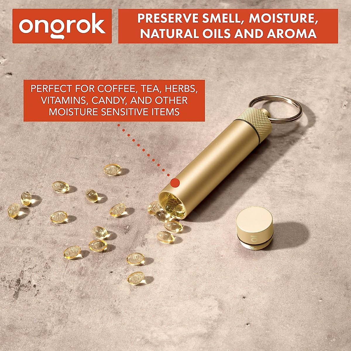 ONGROK Premium Storage Tube, Keychain, Pocket-Sized, Airtight, Aluminum Metal Holder and Case (Gold)