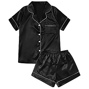VeMee Women's Silk Satin Pajama Set Two-piece Pj Sets Button Down Long Sleeve Sleepwear Pj Set Black