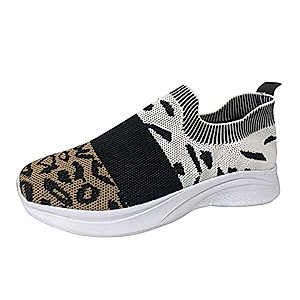 Ladies Fashion Leopard Print Mesh Breathable Platform Casual Breathable Sneakers Women Slip on (Brown, 6.5)
