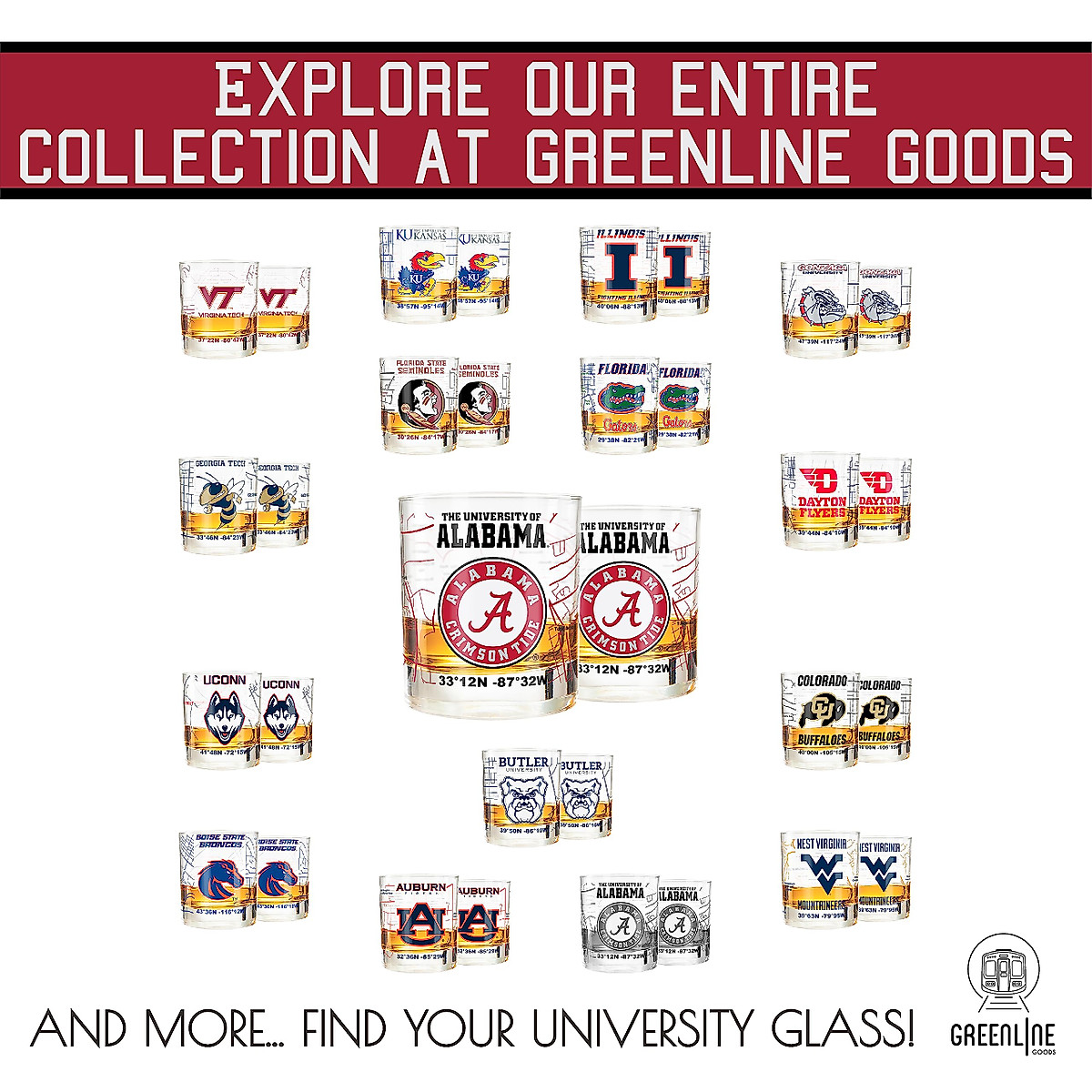 The University Of Alabama Whiskey Glass Set (2 Low Ball Glasses) - Contains Full Color Alabama Logo & Campus Map - Alabama Gift Idea for College Grads & Alumni - College Cocktail Glassware