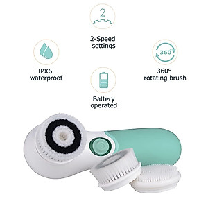 Spinning Face Cleansing Brush Queenwill Waterproof Facial Cleansing Rotating Brush Set for Exfoliating, Face Massage & Deep Cleansing, Equipped with 3 Portable Facial Cleaners & 2 Adjustable Speeds