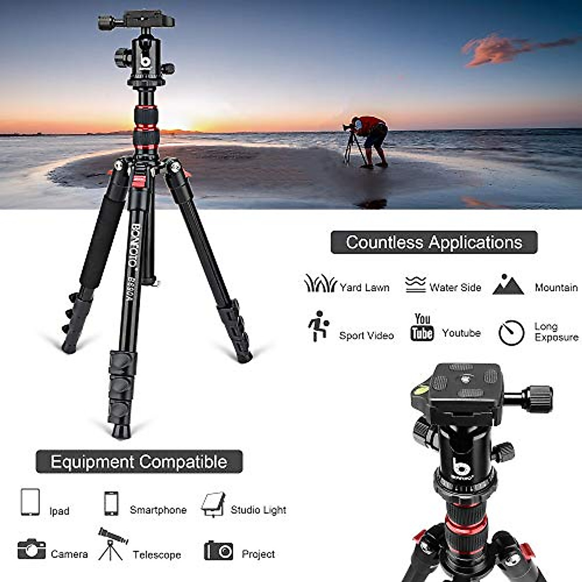 BONFOTO B690A Camera Tripod for Travel,Lightweight Aluminum Portable DSLR Tripod with 360 Degree Ball Head and Carry Bag, Camera Stand for Ring Light & Canon Nikon Sony DSLR