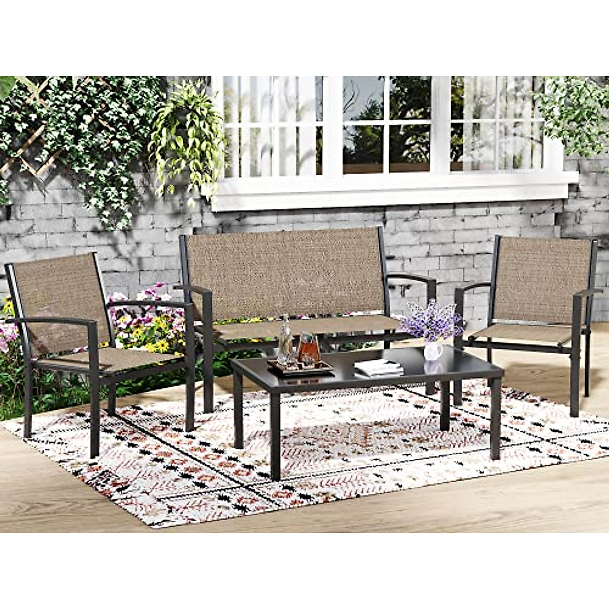 Greesum GS-LCT4PCSBN 4 Pieces Patio Furniture Set Outdoor Conversation Textilene Fabric Chairs for Lawn, Garden, Balcony, Poolside with A Glass Coffee Table, Brown