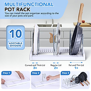 LALOBLUE Expandable Pot and Pan Organizer Rack for Cabinet, Pan and Pot Lid Holders with 10 Adjustable Dividers for Kitchen Cabinet Organization and Storage, Cookware Organizer, 12.9"-24.7", White