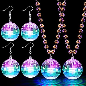 Sasylvia 4 Set LED Disco Party Favors, 2 Pcs Disco Ball Necklaces 70s Disco Party Necklaces 2 Pairs Light up Disco Ball Earrings Disco Ball Accessories for Women Dance Supply Decor