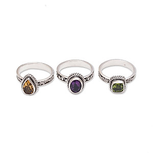 NOVICA Artisan Handmade .925 Sterling Silver Multigemstone Stacking Rings Amethyst Citrine Peridot Cocktail Indonesia Birthstone 'Perfect Prism' (set of 3)
