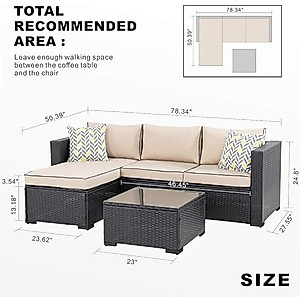 Walsunny Patio Furniture Set 3 Piece Outdoor Sectional Patio Sofa, All Weather Wicker Rattan Outdoor Furniture with Glass Table and Cushions(Black/Khaki)