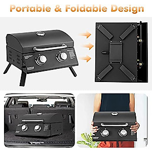 Portable Gas Grill, 20,000 BTU Two Burner Tabletop Barbecue Grill w/Built-in Thermometer, Grease Tray, Waterproof Top Lid, Folding Legs, Compact Propane Grill for Backyard, Camping, Picnic
