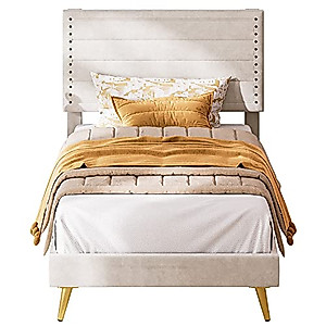 LIKIMIO Twin Bed, Platform Bed Frame with Upholstered Headboard and Wooden Slats Support, No Box Spring Needed, Easy Assembly, Beige