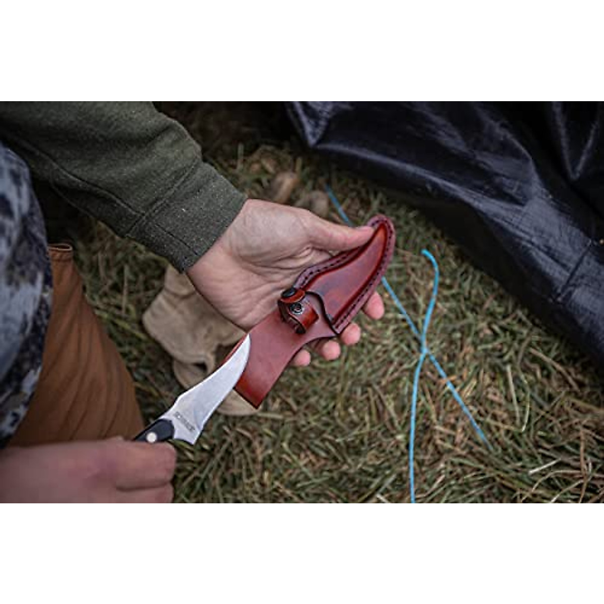 Old Timer 7.1in Full Tang Skinner Knife, 3.3in Clip Point Blade, Black Handle, Leather Sheath - For Hunting, Camping, Outdoors