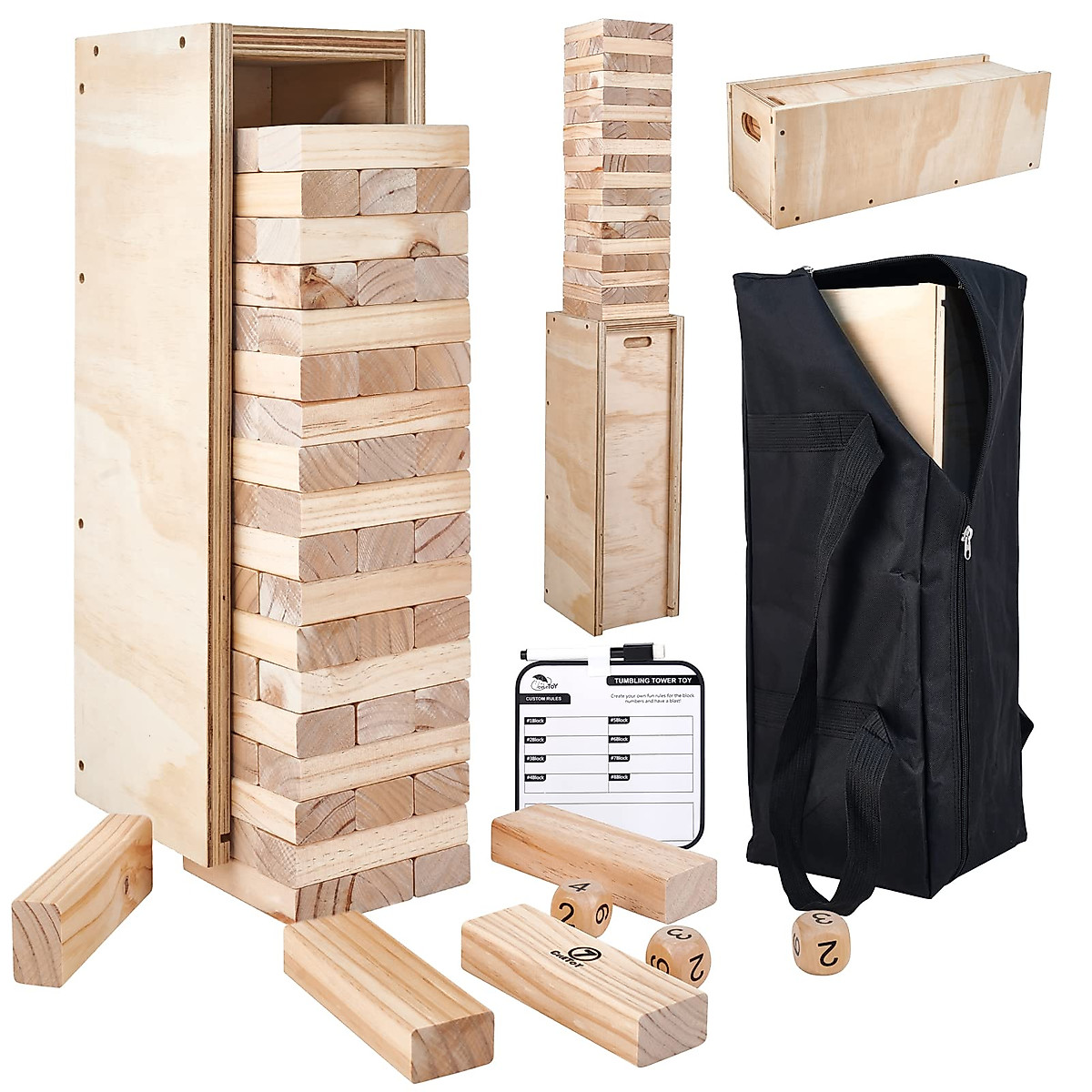 CELETOY Giant Tower Game with 3-in-1 Straightener, Quick Set-up Block Wooden Tower Game Set with Carrying Bag, Table & Storage Box - Starts at 2-4ft - Grows to Over 6ft, Lawn Games Backyard Outdoor