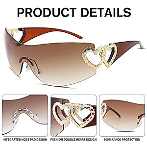 COASION Wrap Around Y2K Rimless Sunglasses for Women Men Oversized Trendy 2000S Sun Glasses Visor Shield Shades (Tea/Gradient Brown)