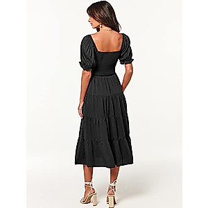 ANRABESS Women's Casual Summer Midi Dress Puffy Short Sleeve Square Neck Smocked Tiered Boho 2023 Spring Dresses for Wedding Bridal Shower 877heise-M Black