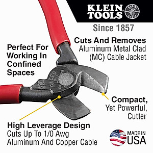 Klein Tools 63215 Cable Cutter, High-Leverage 6.5-Inch Compact, Forged From US Made Steel, Ideal for Cutting Aluminum and Copper Cable